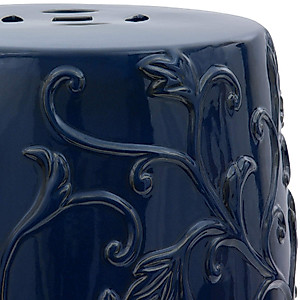 Oriental Furniture 18" Dark Blue Carved Flowers Porcelain Garden Stool