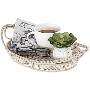 Kouboo La Jolla Oval Rattan Tray with Looped Handles, White Wash, Small