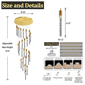 Flashing God Gold 28 Lights Large Foyer Chandeliers for High Ceilings 12 feet Long Spiral Stair Pendant Chandelier Crystal Ceiling Light Fixtures Dimmable 2700k-4500k-6000k