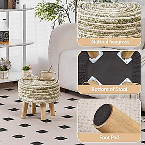 Cpintltr Round Ottoman Natural Seagrass Footstool Poufs Hand Weave Eco Friendly Sofa Foot Stool Soft Step Stool Boho Accent Padded Foot Rest with Pine Legs for Living Room Bedroom Mixed Green