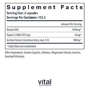 Vital Nutrients Betaine HCL Pepsin with Gentian Root Extract | Digestive Enzyme Formula to Support Protein Digestion and Nutrient Absorption* | Gluten, Dairy, Soy Free | 225 Capsules