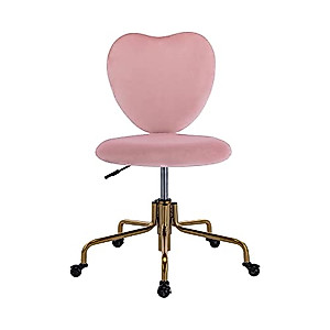 VESCASA Adjustable Swivel Home Office Desk Chair with Cute Heart Shape Design Back, Comfy Velvet Task Chair with Wheels, Small Computer Chair Without Arms for Girls Bedroom/Living Room, Light Pink