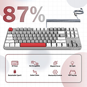 A.JAZZ AK873 Wired 87 Key TKL Retro Color Mechanical Gaming Keyboard with Rainbow Backlit Hot-swap Linear Red Switch NKRO Gasket Custom Coiled Aviator C to A Cable for Win/PC/Mac Gamer(White Gray)