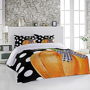 Thanksgiving Autumn Pumpkins Twin Duvet Covers Farm Harvest 3-Piece Bedding Sets Luxury Soft Microfiber Bed Comforter Protector with Pillow Cases for Women Men Girl Boy Wave Point Black