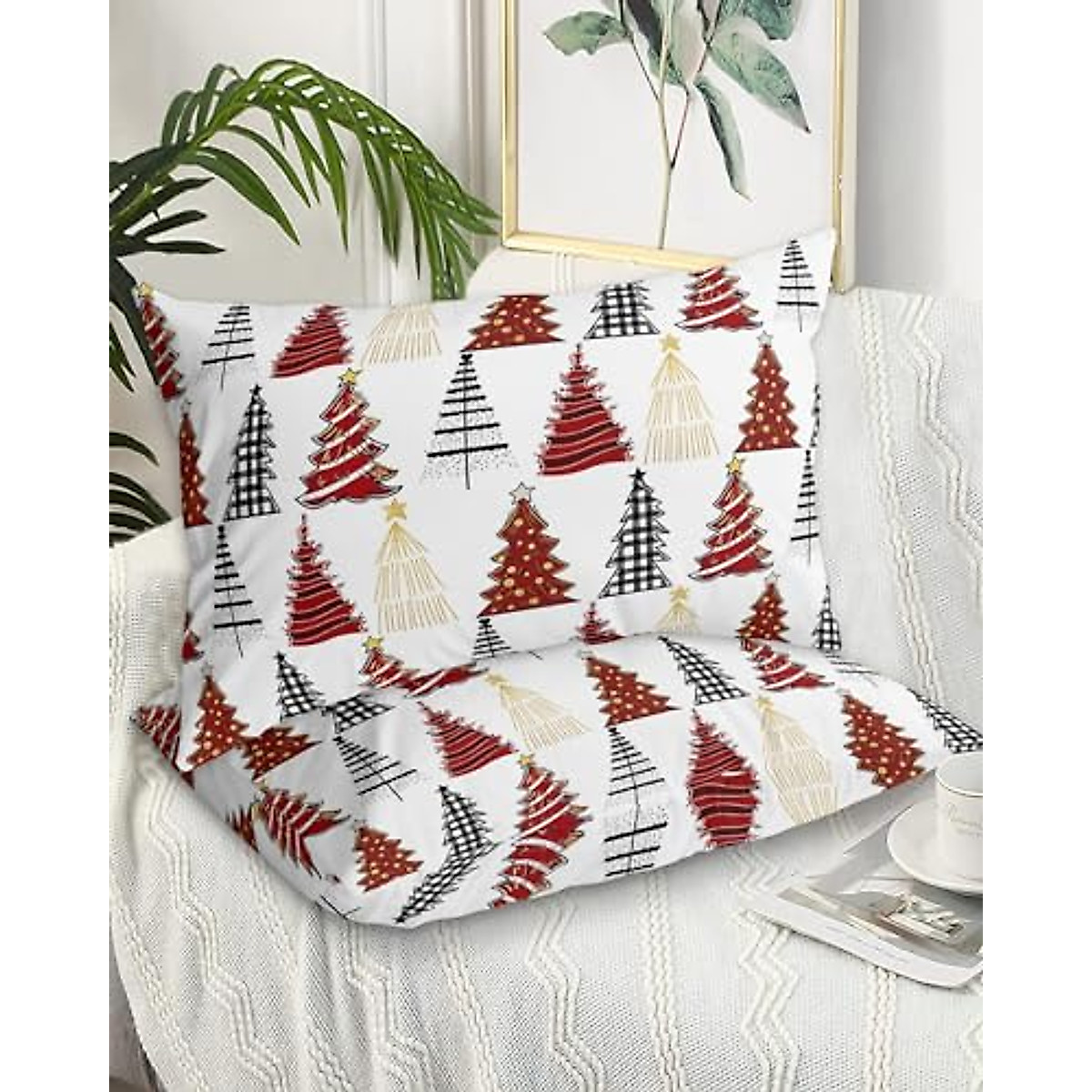 Multi Christmas Tree Pillow Covers Standard Size Set of 2 20x26 Bed Pillow, Plush Soft Comfort for Hair/ Skin Cooling Pillowcases with Envelop Closure Throw Covers Geometric Red Black Plaid Dot