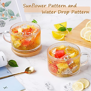 Gusnilo Set of 4pcs Vintage Embossed Clear Coffee Mugs with Bamboo Lid and Spoons,Tea,Latte,Yogurt Cups,Beverage,Overnight Oats Containers,14 Oz Glass Coffee Cups for Cappuccino