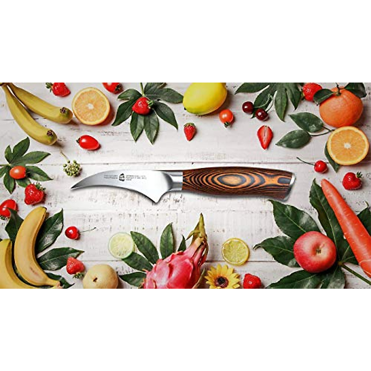 TUO Bird-Beak Paring Knife, Handy Peeling Knife, German X50CrMoV15 Stainless Steel, Full Tang Eye-catching Ergonomic Pakkawood Handle, Razor Sharp Stain Rust Resistant, Fiery Series, 2.5 inch