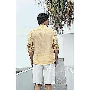 Enlision Beige Casual Henley Shirts for Men Summer Beach Long Sleeve Cotton Linen Hippie Shirt Hawaiian Tropical Button Down Yoga Top Shirt Khaki