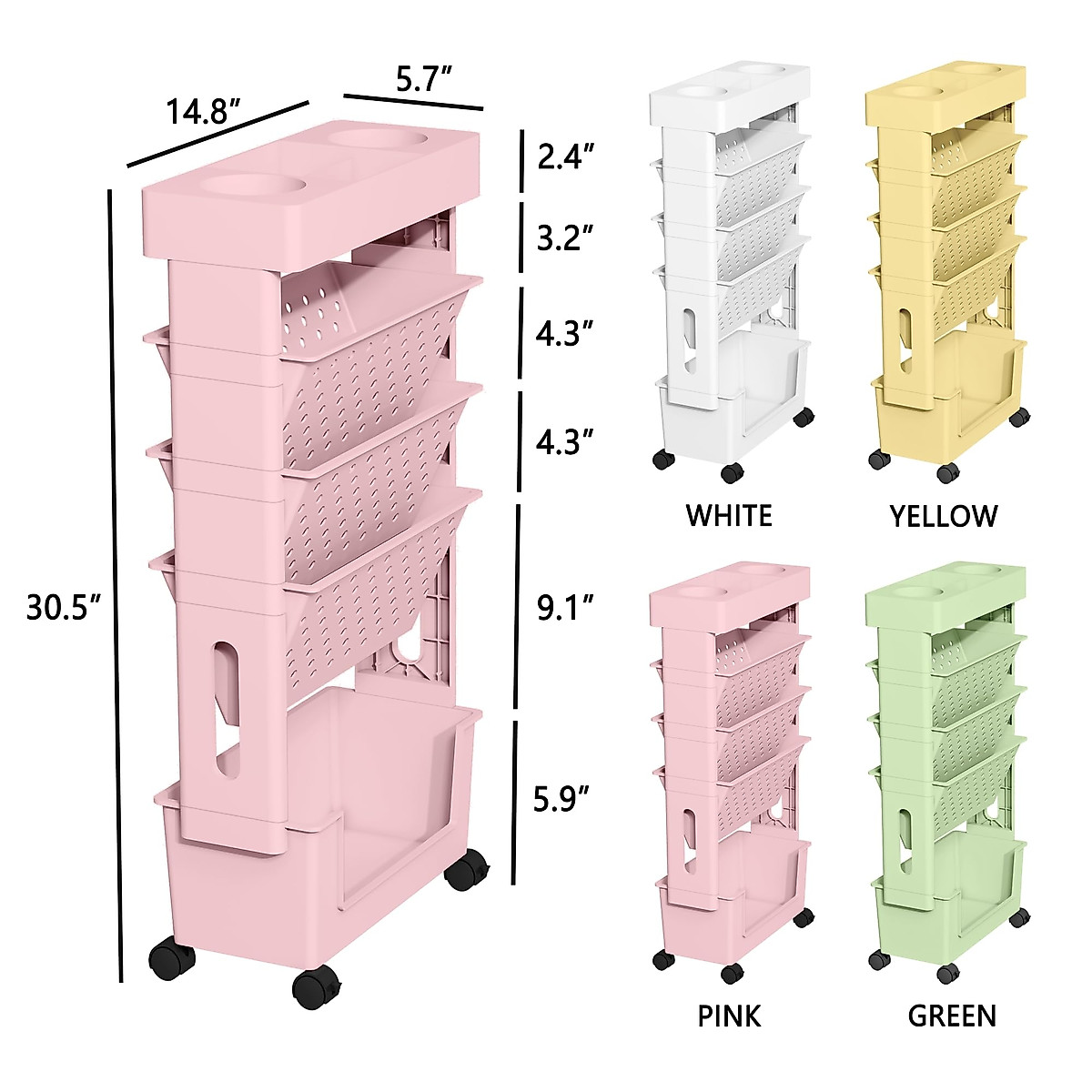 yeavs 5-Tier Mobile Bookshelf, Rolling Bookcase Book Storage Rack, Movable File Folder Organizer Cart with Wheels for Home Study Office Living Room Classroom, Pink