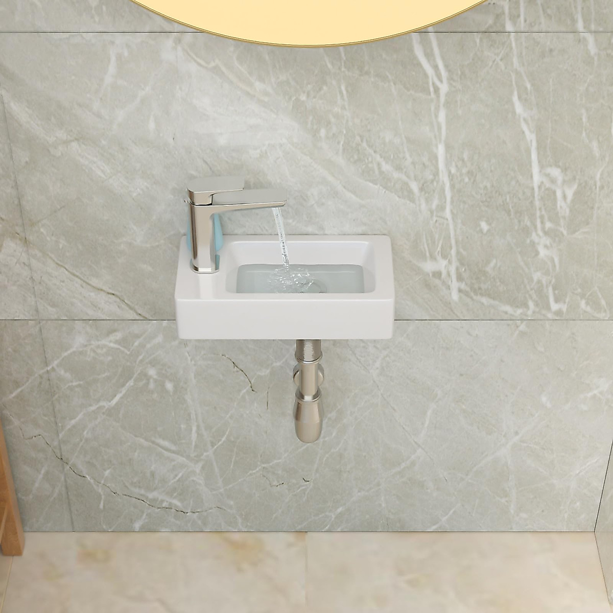 Lordear Small Bathroom Sink Wall Mounted Corner Sink 15"x 7" Floating Hand Wash Basin Wall Hung Left Hand White Ceramic Tiny Vessel Sink for Cloakroom Bathroom