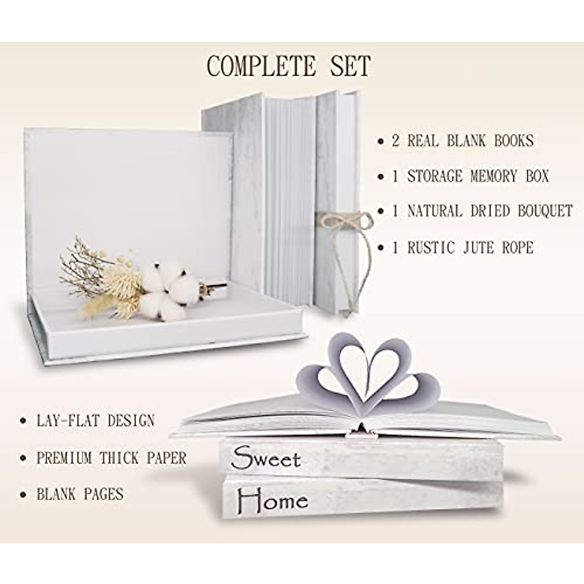 PMPX Decorative White Books, Secret Memory Box, 2 Hardcover Blank Journals Guest Book or Diary Home Sweet Home Rustic Farmhouse Décor Stacked Books for Wedding, Entry Way Table, Living Room Tables