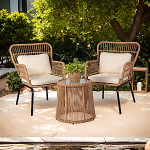 HOMEZILLIONS 3 Piece Outdoor Wicker Furniture Bistro Set, Rattan Chairs Conversation Sets Porch Furniture, Wicker Patio Furniture for Balcony Poolside Backyard