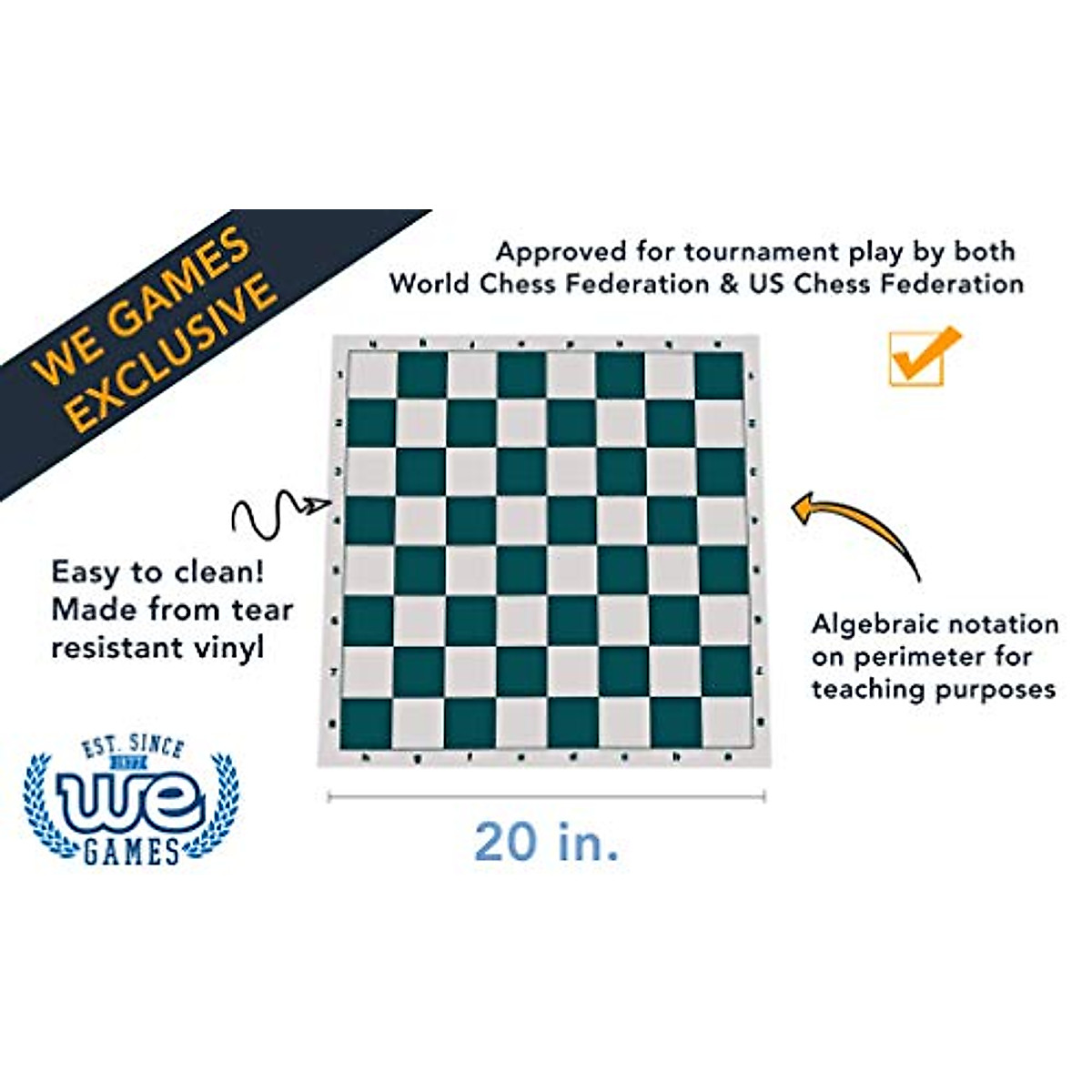 WE Games Tournament Roll Up Chess Board + Bobby Fischer Ultimate Tournament Staunton Chess Pieces