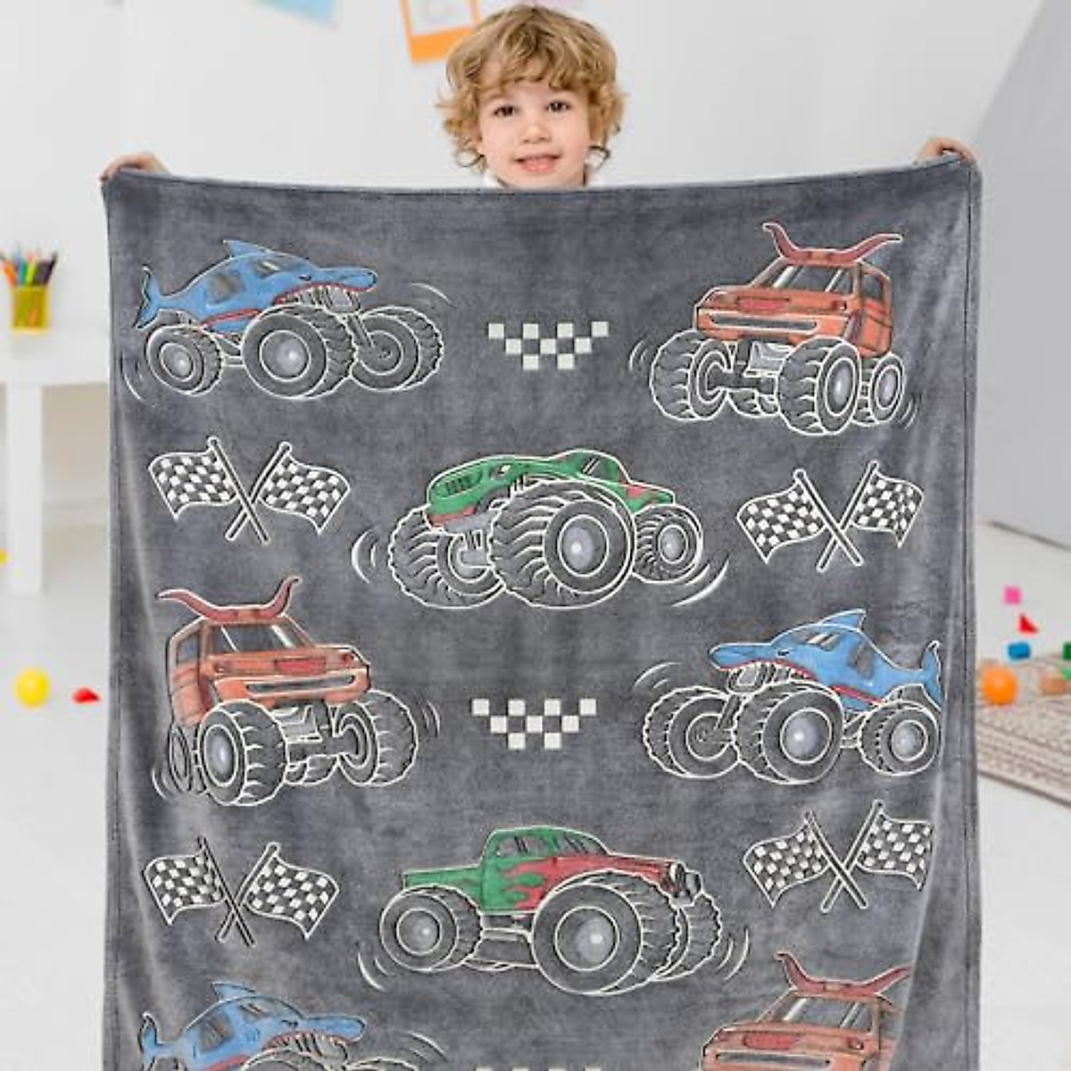 Boys Truck Car Toys Unique Gifts for Kids Glow in The Dark Blanket Valentine's Day Gifts Glowing Cartoon Tractor Throw Blanket Soft Fleece Blanket Excavators Room Bed Sofa Decor Blankets