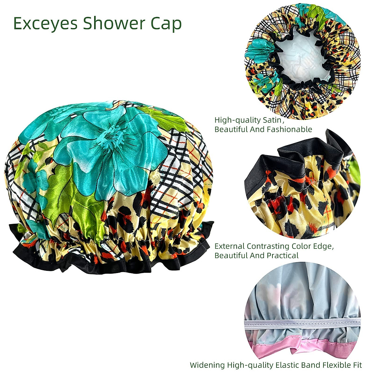 4 Pcs Double Layers Reusable Extra Large Shower Caps Waterproof, Elastic Satin Shower Cap For Women, Hair Bath Cap Bathing Shower Hat XL
