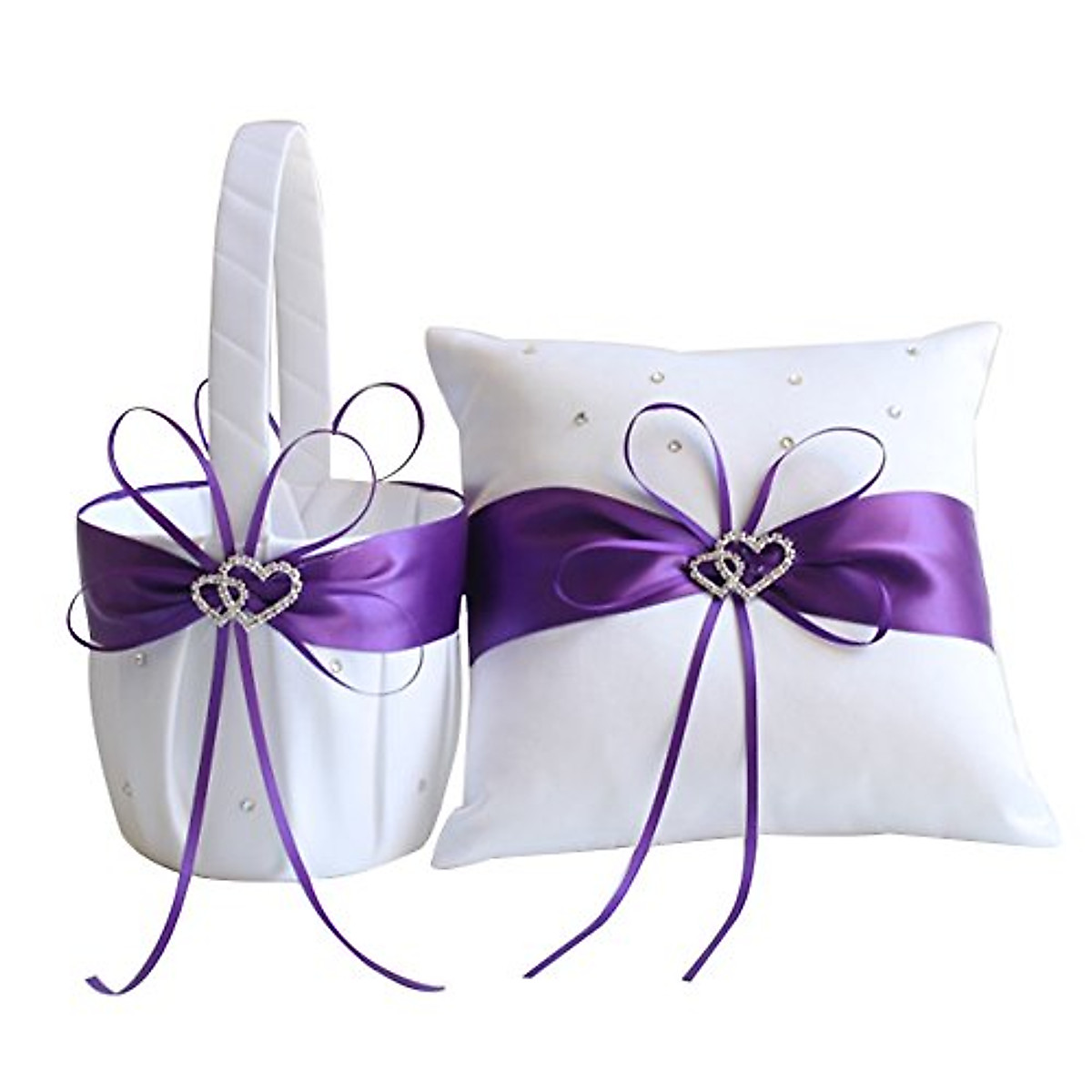 Awtlife 5pcs Sets Purple Wedding Flower Girl Basket Guest Book Pen with Ring Pillow and Garter