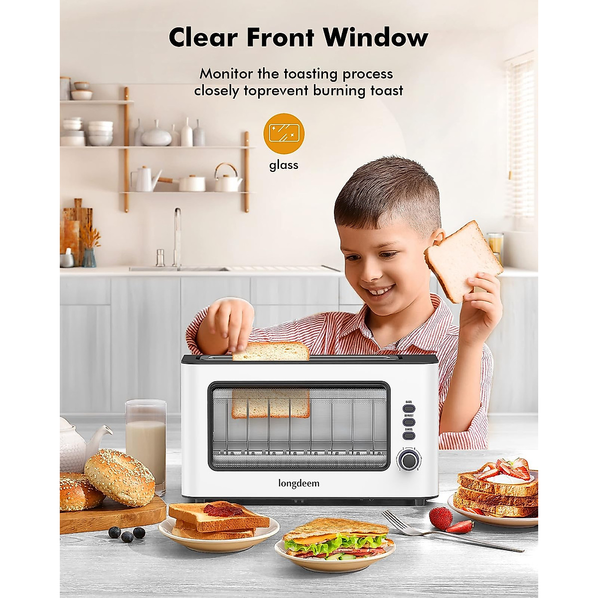 Clear View Toaster, LONGDEEM 1.75'' Extra Long Slot Glass Toasters Stainless Steel 2 Slice with 6 Browning Control for Bagel, Defrost & Auto Shut Off with Removable Crumb Tray, White