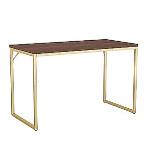 Martha Stewart Noah Home Office Parsons Desk in Walnut Wood Grain with Polished Brass Metal Frame