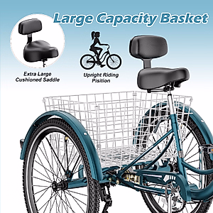 NAIZEA Adult Tricycle, 7 Speed Three Wheel Cruiser Bike, 20/24/26 inch Adult Trikes 3 Wheel Bikes with Large Basket for Seniors, Adults, Women, Men, Multiple Colors