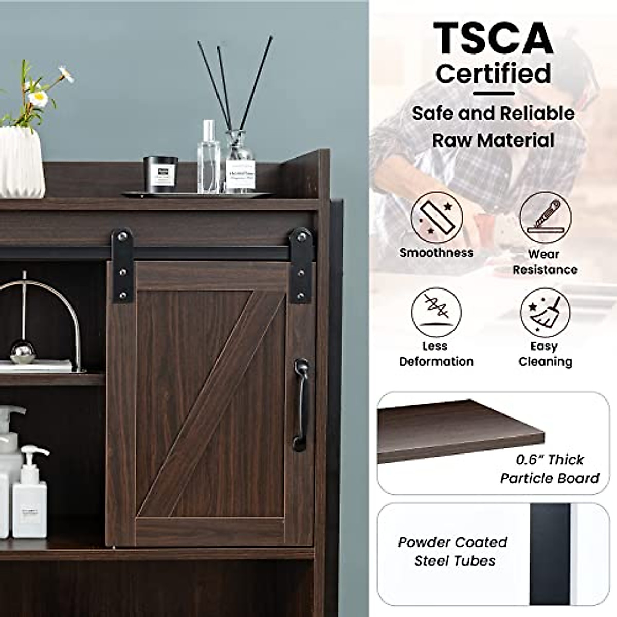 UIIAIOUIAIO 4-Tier Over-The-Toilet Storage Cabinet, Bathroom Organizer with Sliding Door, Adjustable Shelves, Freestanding Toilet Space Saver Shelf for Bathroom Laundry (Rustic Brown)