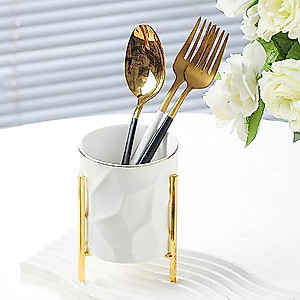 YOSCO Kitchen Utensil Holder,Ceramic Silverware Holder,Flatware Organizers with Golden Metal Frame for Home, Kitchen,Restaurant,Countertop (White)