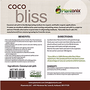 Organic Coco Coir by Coco Bliss - Compressed Coco Coir Brick with Low EC and pH Balance - High Expansion Coco Fiber for Flowers, Herbs, and Planting - Renewable Coconut Soil (10lb Block)