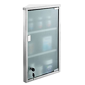 MyGift 19-Inch Stainless Steel Silver Corner Mount Medicine Cabinet, First Aid Wall Cabinet with 3 Storage Shelf, Locking Frosted Glass Door and Keys