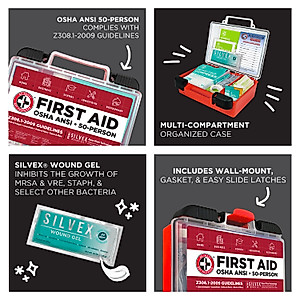 Be Smart Get Prepared OSHA/ANSI First Aid Kit - 50 Person, 250 Pieces - Designed for Home, Business, School, Industrial, and Restaurants - Compact & Portable
