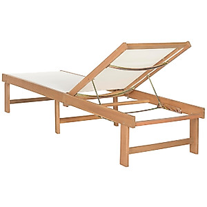 SAFAVIEH Outdoor Collection Manteca Brown Solid Wood/White Texline Fabric Adjustable Chaise Lounge Chair (PAT6708A)