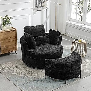 Oversized Swivel Accent Barrel Chair with Storage Bench Large Ottoman+4 Pillows,Comfy Upholstered 360 Recliner Sofa Club Chaise Leisure Round Loveseat Lounge Armchair for Living Room/Hotel/Nursery