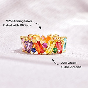 STORYJEWELLERY Story Jewellery Rainbow Ring for Women, Gold Plated Rainbow Eternity Ring, Baguette Rainbow Ring, Rainbow Jewelry Gifts for Women(G 06)