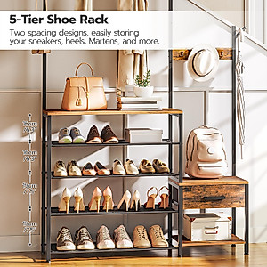 HOOBRO Hall Tree, Entryway Coat Rack Shoe Bench, Shoe and Coat Rack for Entryway, Hall Tree Coat Rack, with Non-Woven Fabric Drawer, for Entrance, Foyer, Rustic Brown and Black BF113MT01