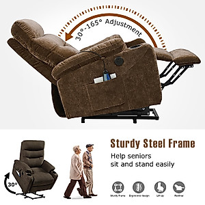 HLRAHOME Electric Power Lift Recliner Chair Sofa with Massage and Heat,3 Positions,2 Side Pockets and Cup Holders,USB Ports, High-end Quality Fabric for Home Living Room Bedroom Brown