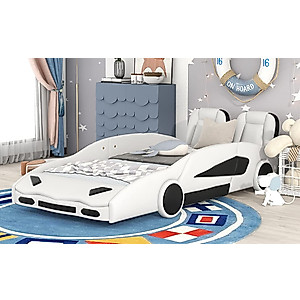 Harper & Bright Designs Twin Size Race Car-Shaped Platform Bed with Wheels, White