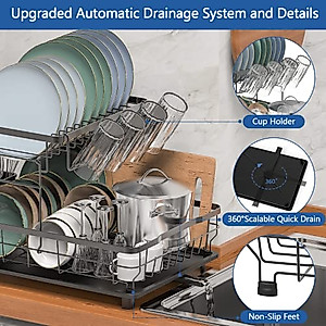 LIONONLY Large Dish Drying Rack with Drainboard, 2 Tier Stainless Steel Drying Racks for Kitchen Counter,Detachable Dish Drainer Organizer Shelf with Utensil Holder Set (Black)