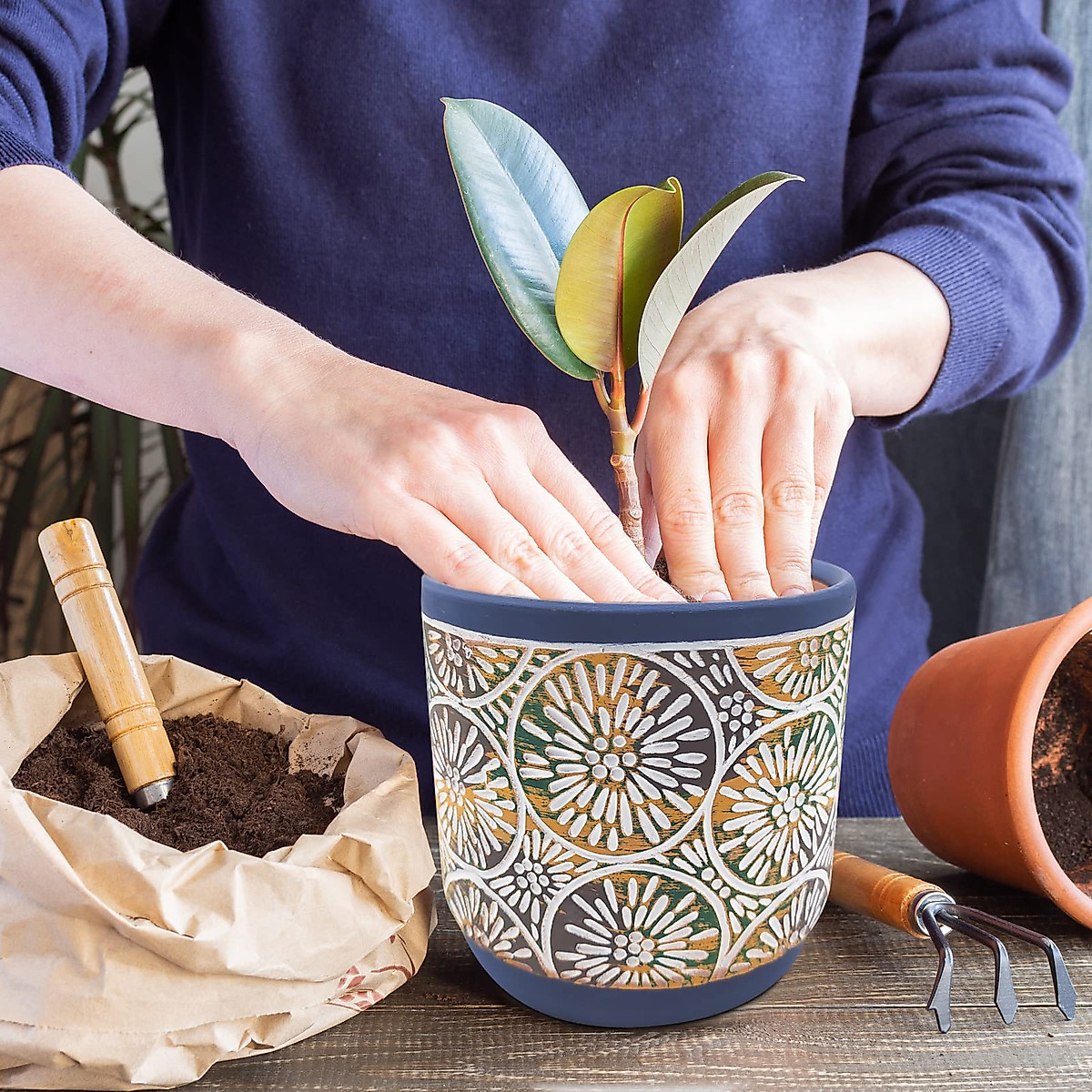 DeeCoo 3 Piece Ceramic Plant pots Indoor Pots Set with Drainage Holes, 5.7/4.7/3.5/inch, Modern Decorative pots Outdoor Plants Lilies, Cacti, Succulents, Snakes, and Bamboo (Blue)