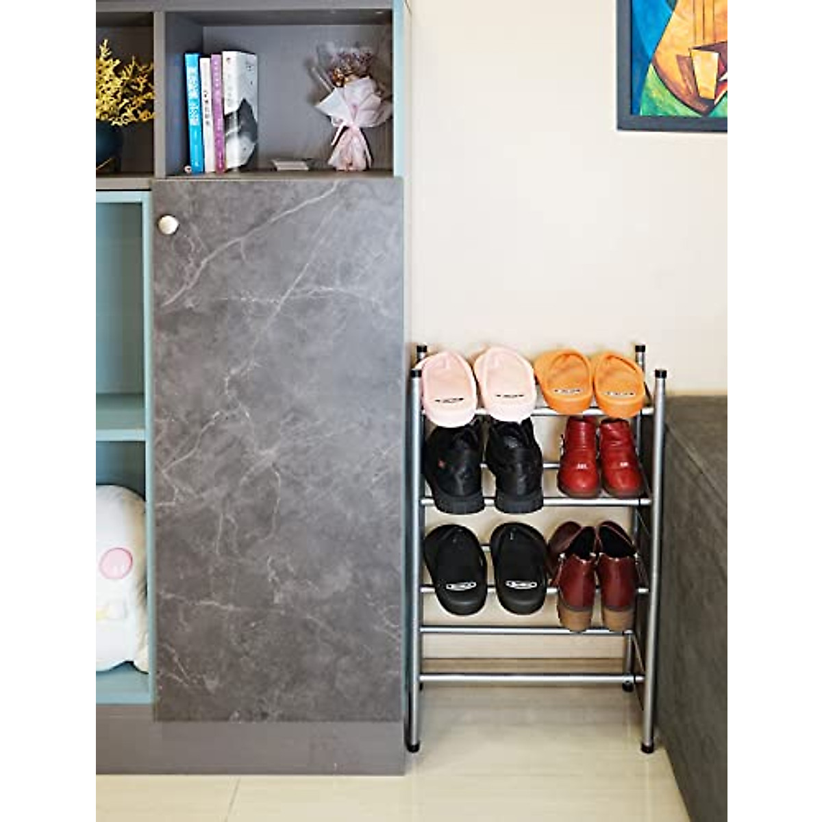 LNYZQUS 4-Tier Expandable Shoe Rack,Sturdy Shoe Shelf Shoe Organizer For Closet,Metal Adjustable Closet Shoe Racks Skinny Shoe Stand For Bedroom Closet-Grey