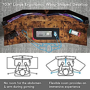 Tribesigns Computer Desk, 70.9" Large Home Office Desk with Monitor Stand, Modern Wing-Shaped Gaming Studio Desk Study Table Workstation for Live, Streamer,Rustic Brown