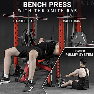 ER KANG Smith Machine, 2000LBS Strength Training Power Cage with Smith Bar and LAT Pull Down System, Multi-Function Linear Bearing Cable Crossover Machine for Home Gym, 2×3”, Red