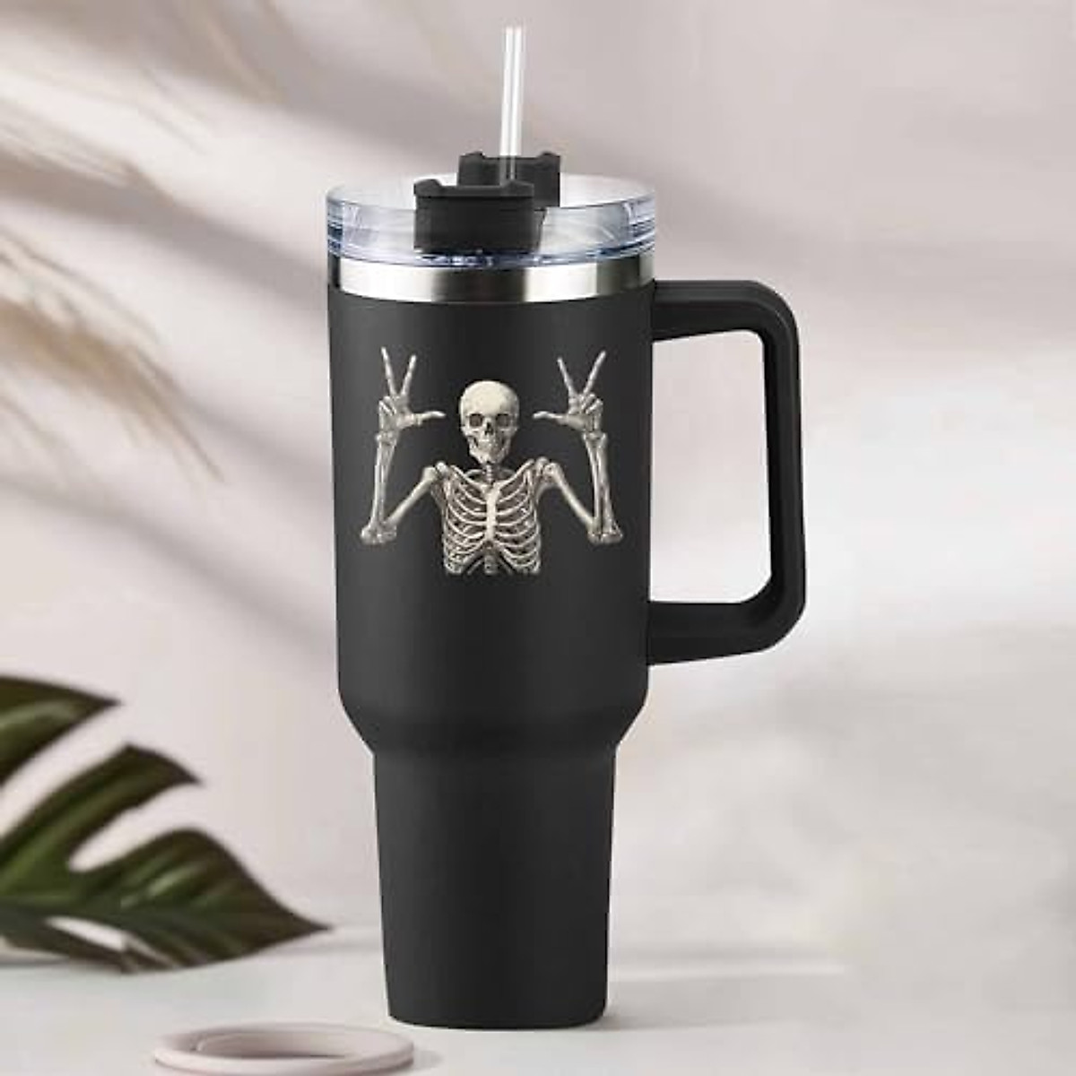 LB LEOBON 40 ounce insulated cup with handle, double-layer vacuum stainless steel material, equipped with straw, can keep warm or maintain cold drinks Funny Skeleton black