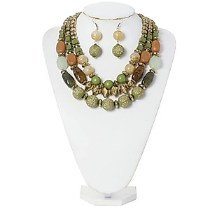 Bocar 3 Layer Chunky Statement Beaded Necklace Set with Earrings Fashion Multi Layer Women Collar Necklace (NK-10625-Olive)