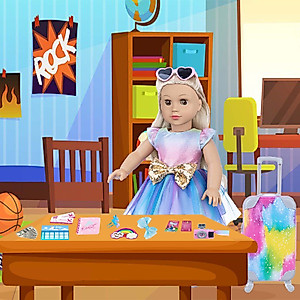 XFEYUE 32 pcs American Doll Clothes and Accessories 18 Inch Doll Luggage and School Play Set - Suitcase, School Sets, Camera, Handbag, Sungalsses, Fit 18 inch Doll