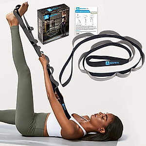 A AZURELIFE Stretch Strap with 11 Loops, Half Elastic Stretching Strap Band - Stretch Tool for Yoga Physical Therapy, Dance and Pilates, Gymnastics, Hamstring Strength Training with Instruction Guide