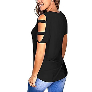 wodceeke Women's Top Short-Sleeved V-Neck Off-the-shoulder Floral T-Shirt Casual Loose Summer Tee Sports Blouse Top (Black, S)