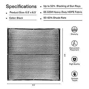 VIVOSUN Sunblock Shade Cloth, 50%-60% Shade Net, 6.5' x 6.5' Black Garden Shade Mesh with Grommets for Plant Covers, Swimming Pools, Patios, and Yards