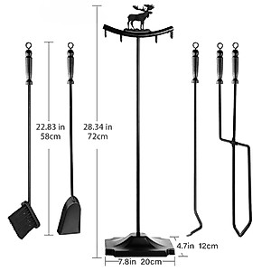 Firesrc 5Pcs Fireplace Tools Set Black Handle Wrought Iron and Holder Outdoor Fireset Fire Pit Stand Indoor Rustic Tongs Shovel Antique Brush Chimney Poker Wood Accessories Kit