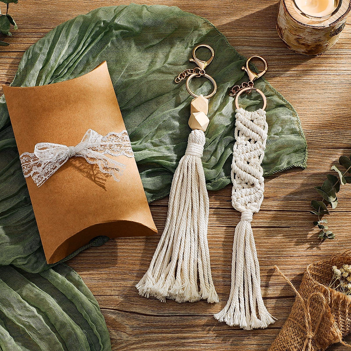 Nosiny 24 Pieces Boho Macrame Keychains Mini Cute Handcrafted Tassel Keychain Macrame Bag Charms Aesthetic Keychain with Tassel for Women Car Key Purse Phone Wallet Party Supplies, Beige