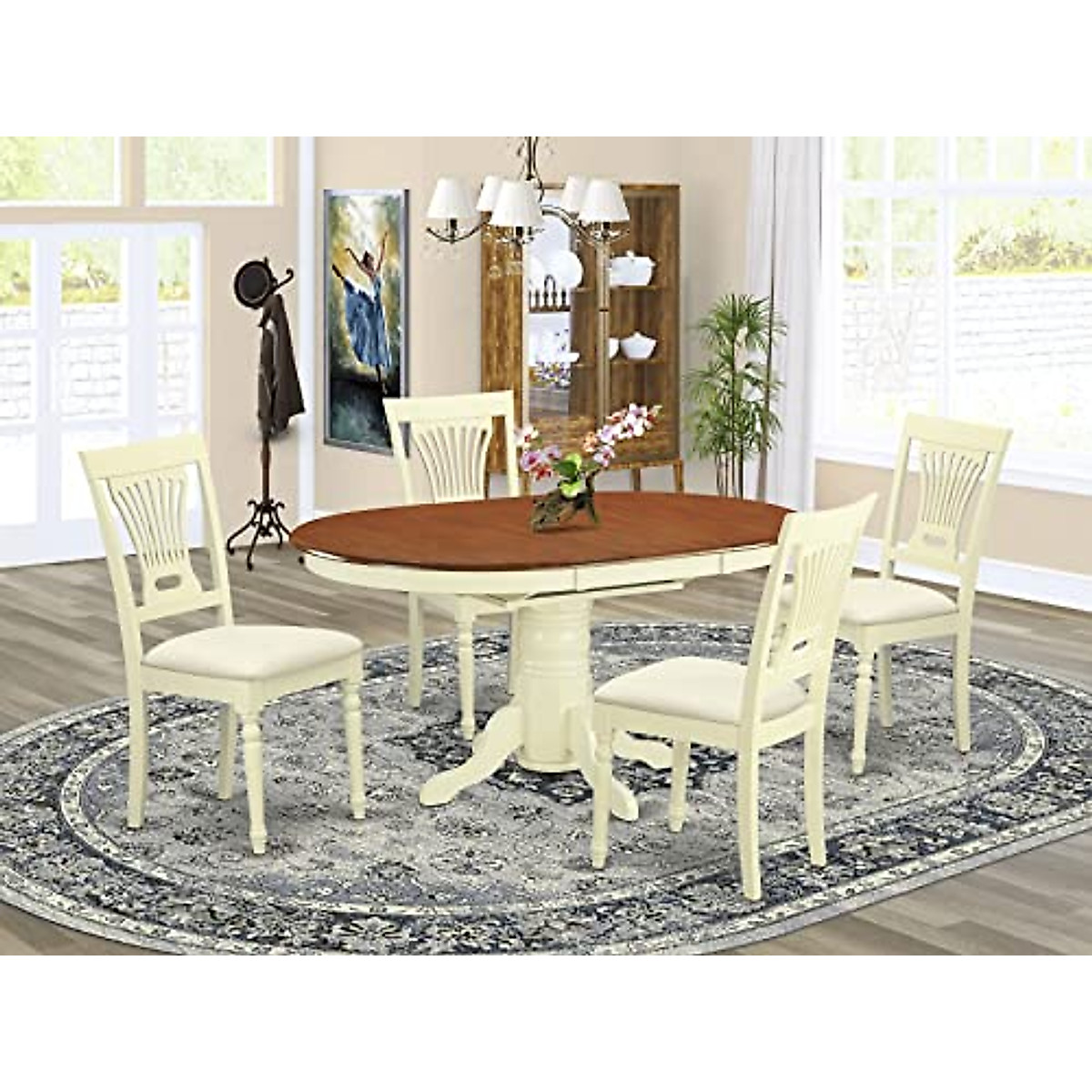 East West Furniture Avon 5 Piece Dinette Set for 4 Includes an Oval Room Table with Butterfly Leaf and 4 Linen Fabric Kitchen Dining Chairs, 42x60 Inch, Buttermilk & Cherry