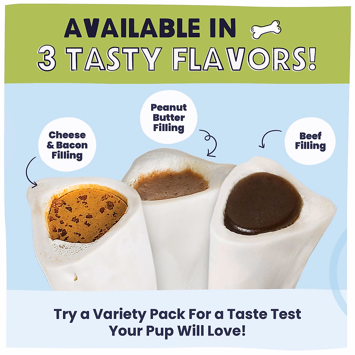 Pawstruck Large 5-6" Filled Dog Bones, Peanut Butter Flavor - Made in USA, Long Lasting Stuffed Femur for Aggressive Chewers, Dental Treat - Pack of 3, Packaging May Vary