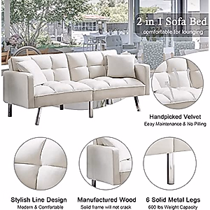 VERYKE Convertible Futon Sofa Bed with 2 Pillows, Modern Upholstered Sleeper Sofa Couch with 3 Adjustable Backrests & Metal Legs for Living Room (White)